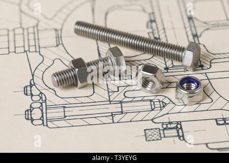 Drafting, screw bolt with nut Stock Photo - Alamy