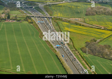 High level aerial view of M1 motorway at junction 31 in Derbyshire ...