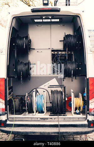 TV broadcast car. OB vans with cable Stock Photo - Alamy