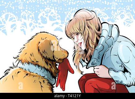 Friendship between human and animal in line art style vector. Dog with ...
