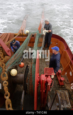 Dropping nets fishing trawler in the Irish Sea. 4-man crew work on 1 of ...