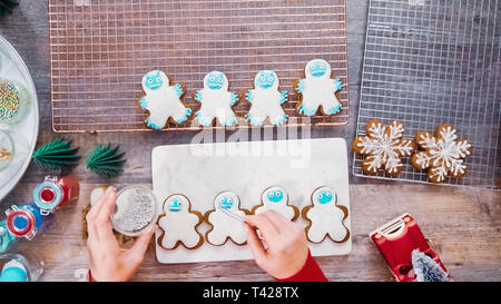 Flat lay. Step by step. Decorating gingerbread and sugar cookies with ...