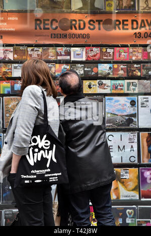 Soho, London, UK. 13th Apr, 2019. Vinyl record fans queue to buy ...