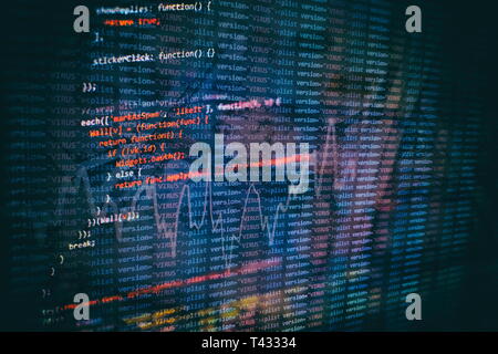 Running Computer data / WWW programming. Coding script text on screen. Notebook closeup photo ...