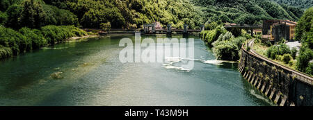 River Serchio seen from Ponte di Campia in Garfagnana region of Italy ...