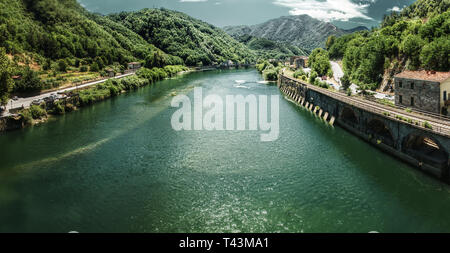 River Serchio seen from Ponte di Campia in Garfagnana region of Italy ...