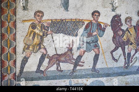 Hunters hunting a boar. Roman mosaic floor of the Room of The Small ...