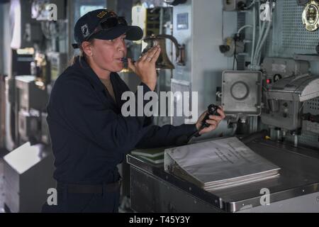 PHILIPPINE SEA (March 11, 2019) Navigation officer, Lt. Jordan Yuson ...