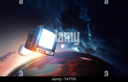 Retro TV flying in space Stock Photo - Alamy