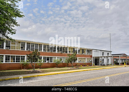 Old rural public school building exterior from 1950's or 1960's in ...