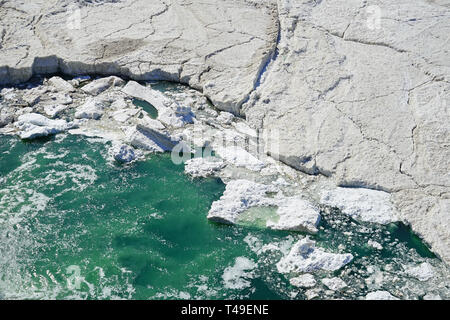 View of frozen ice chunks breaking and melting into the Niagara River ...