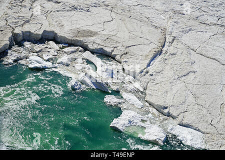View of frozen ice chunks breaking and melting into the Niagara River ...