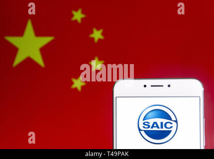 In this photo illustration the Chinese automaker Saic Motor logo seen on an Android mobile ...