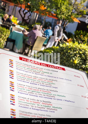 Spanish language menu with prices in Euros outside typical seafood ...