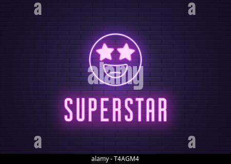 Neon composition of glowing emoji Superstar. Vector glowing ...