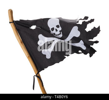 Black pirate skull flag waving in wind on blue sky Stock Photo - Alamy