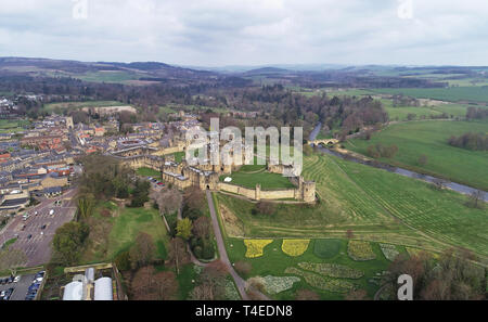 A bird's eye view of Alnwick Castle in Northumberland. The castle is ...