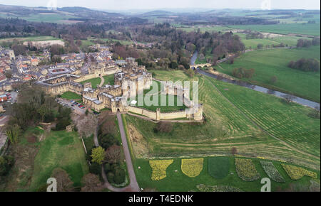 A bird's eye view of Alnwick Castle in Northumberland. The castle is ...