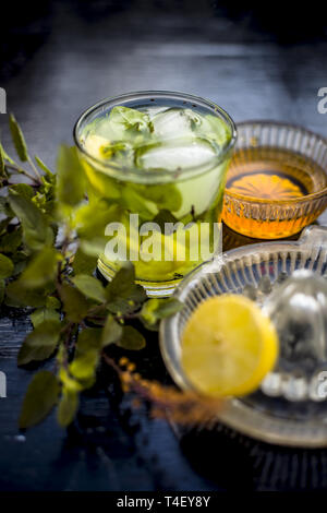 Close up of Herabal drink or Basil lemonade in a transparent glass with ...