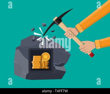 Litecoin cryptocurrency mining with treasure flat color icons with ...