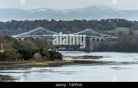 View of the Menai Bridge linking the North Wales mainland to Anglesey ...