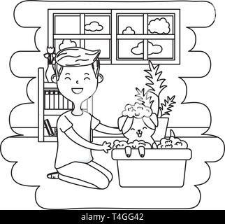 man washing dog avatar cartoon character black and white vector ...
