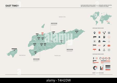 East Timor editable outline map. Timor-Leste red border. Country name ...