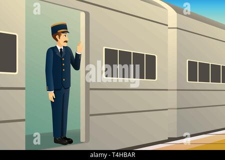 A cartoon illustration of a girl train conductor standing and smiling ...