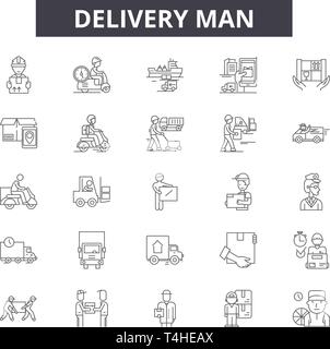 Delivery man line icons, signs, vector set, outline illustration ...