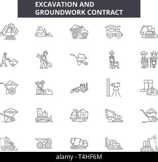 Excavation and grounwork line vector icons and signs. Groundwork ...