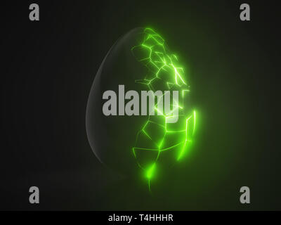 easter egg. alien egg with green glowing cracks and light rays ...