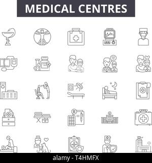 Medical centres line vector icons and signs. Hospitals, Practices ...