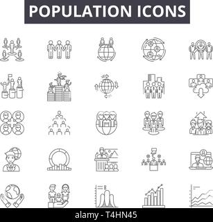 Population line vector icons and signs. Demography, Density, Census ...