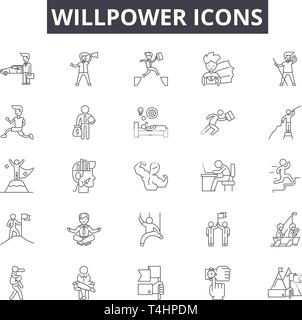 Willpower line vector icons and signs. Resolve, Persevere, Endurance ...