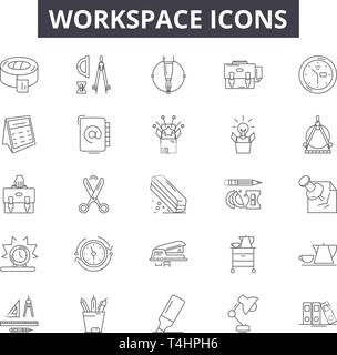 Workspace line vector icons and signs. Workplace, Desk, Area, Room ...
