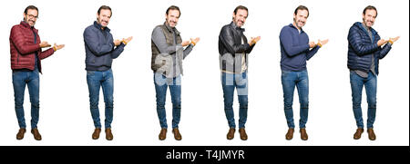 Collage of senior hoary man over white isolated backgroud smiling in ...