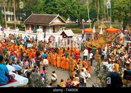 LUANG PRABANG, LAOS - APRIL 17. 2019. Local Lao people celebrating Pi ...
