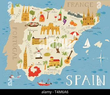 Cartoon map of Spain. Travel illustration with spanish landmarks ...