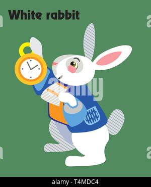 wonderland, rabbit and clock cartoon characters vector illustration ...