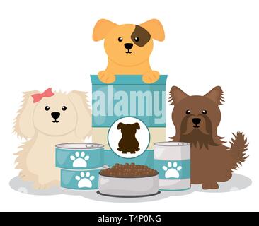 dog food bag and cute dogs around over white background, vector ...