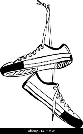 Vector sketch of a pair of sneakers with laces on a white background ...