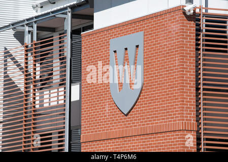 Logo signage at the Western Sydney University (WSU) formerly UWS Sydney ...