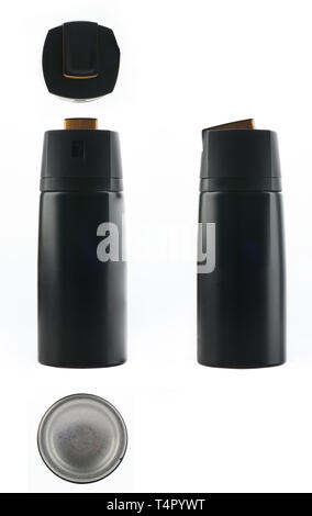 Black perfume spray bottle side view isolated on studio background ...