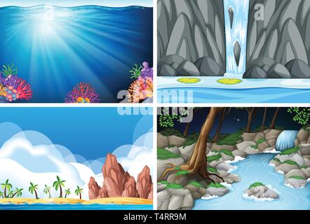 Four background different nature scenes with green trees in different ...