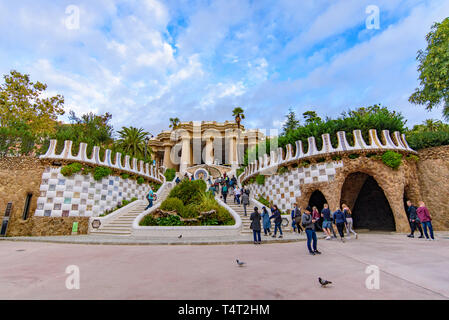 The dragon and the staircase of Park Guell in Barcelona, Spain Stock ...