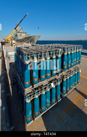High explosive, naval artillery shell warheads, in a loading crate on a ...