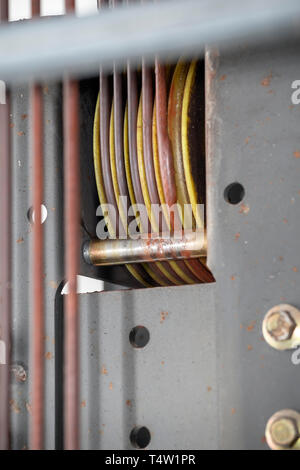 Inside elevator shaft and traction ropes. Elevator shaft maintenance ...