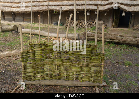 Wattle hurdle made at La Hougue Bie museum in Jersey.With hazel ...