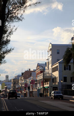 Bermuda, Atlantic Ocean, Hamilton, colourful pastel architecture along ...
