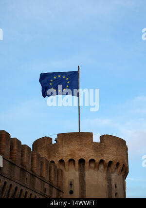 flag of the European Union flies over a tower of Castel Sant'Angelo in ...